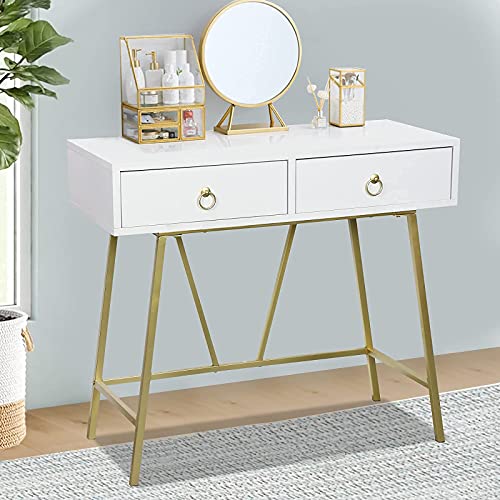 Anmytek Modern Home Office Desk, 35.4 Inch Makeup Vanity Table White Study Desk 2 Drawers Writing Desk Computer Desk with Golden Legs, D0002