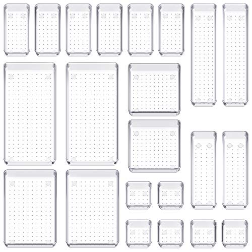 SMARTAKE 22-Piece Drawer Organizers, 7 Sizes Desk Drawer Dividers with Non-Slip Pads, Plastic Dresser Storage Tray Sets, Cosmetic Makeup Jewelries Trays, for, Kitchen, Office, Home, Bathroom (Clear)