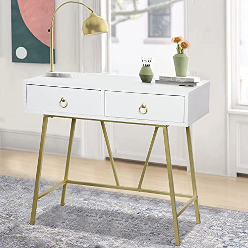 Anmytek Modern Home Office Desk, 35.4 Inch Makeup Vanity Table White Study Desk 2 Drawers Writing Desk Computer Desk with Golden Legs, D0002