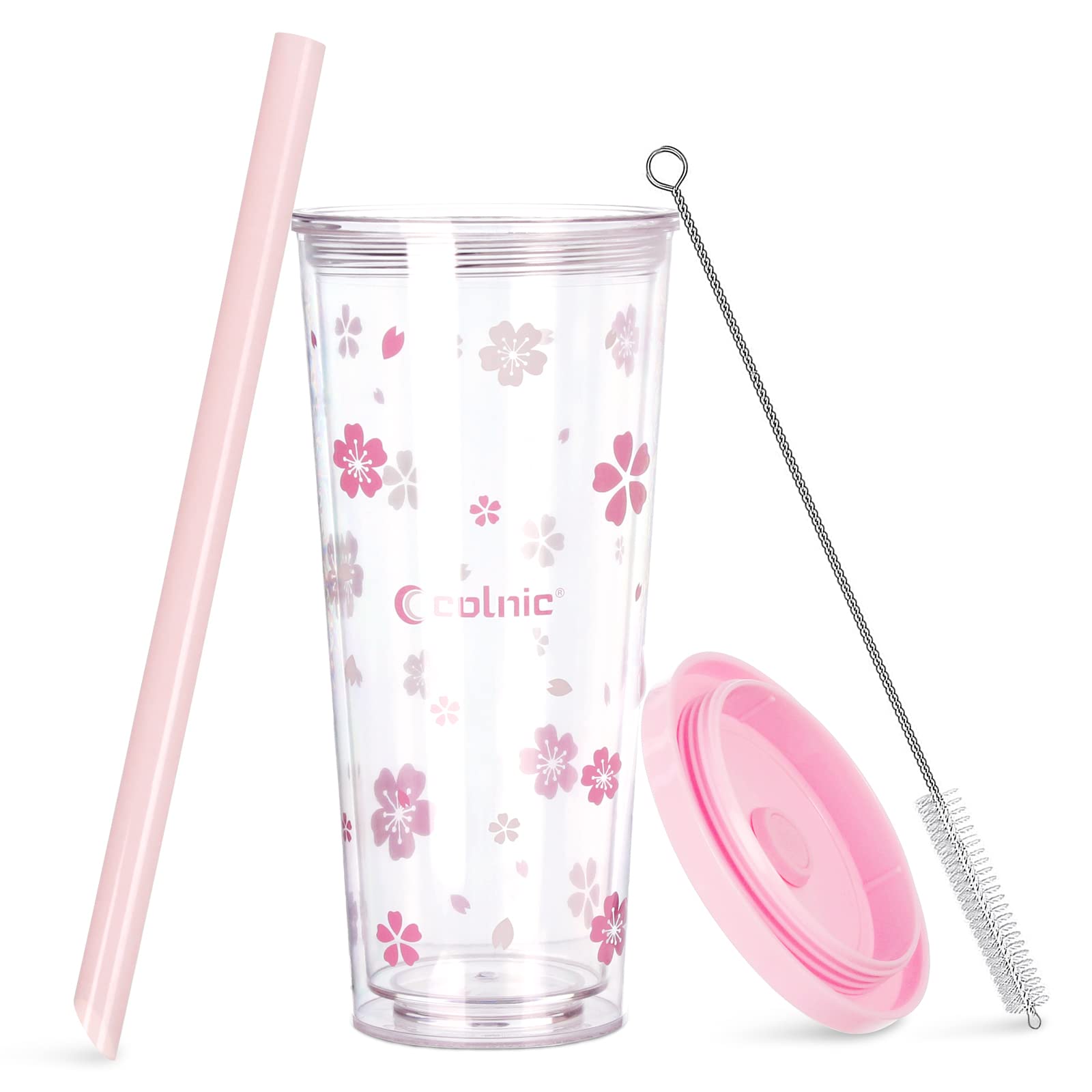Colnic Reusable Boba Cup With Lids And Straws, 24Oz/700ml Smoothie /Iced Coffee Cup, Leakproof Kawaii Cup Tumbler With Boba Reusable Straw,Double Wall Clear Insulated Bubble Tea Cup