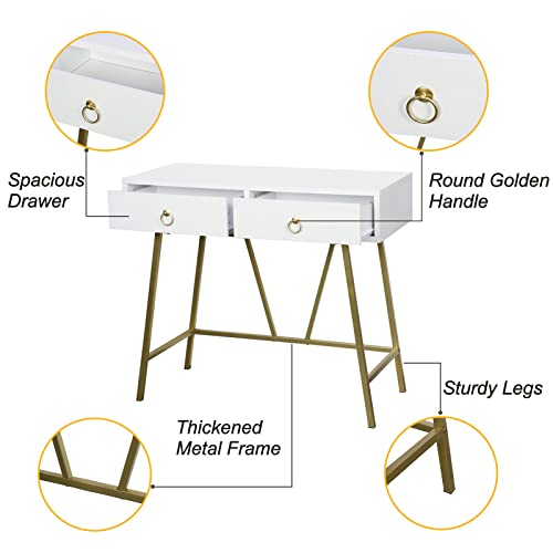 Anmytek Modern Home Office Desk, 35.4 Inch Makeup Vanity Table White Study Desk 2 Drawers Writing Desk Computer Desk with Golden Legs, D0002