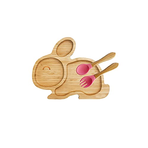 Rabbit Bamboo Suction Plate Bamboo Toddler Plates and Spoon Fork for Kids Self Feeding (pink)