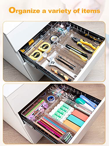 SMARTAKE 22-Piece Drawer Organizers, 7 Sizes Desk Drawer Dividers with Non-Slip Pads, Plastic Dresser Storage Tray Sets, Cosmetic Makeup Jewelries Trays, for, Kitchen, Office, Home, Bathroom (Clear)