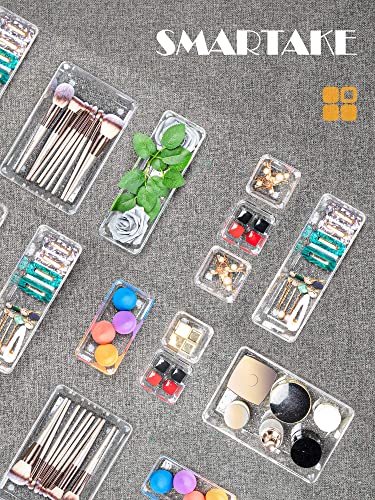 SMARTAKE 22-Piece Drawer Organizers, 7 Sizes Desk Drawer Dividers with Non-Slip Pads, Plastic Dresser Storage Tray Sets, Cosmetic Makeup Jewelries Trays, for, Kitchen, Office, Home, Bathroom (Clear)