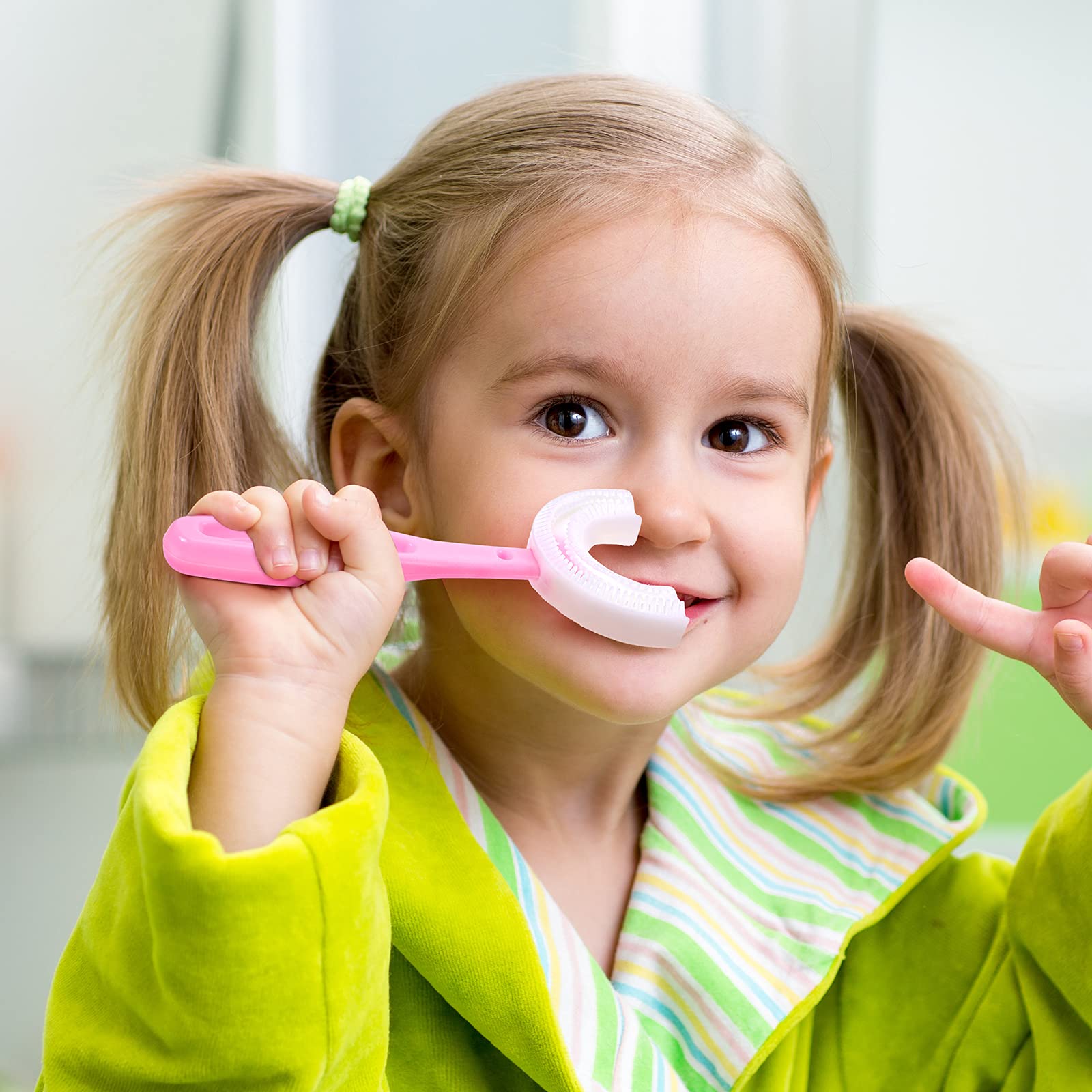 Nuenen 6 Pack Kids U Shaped Toothbrush with Silicone Brush Manual Training Tooth Brush U-Type Toothbrush Whole Mouth Toothbrush with Handle for Kids 2-8 Years Old (Long Handle, Blue Pink)
