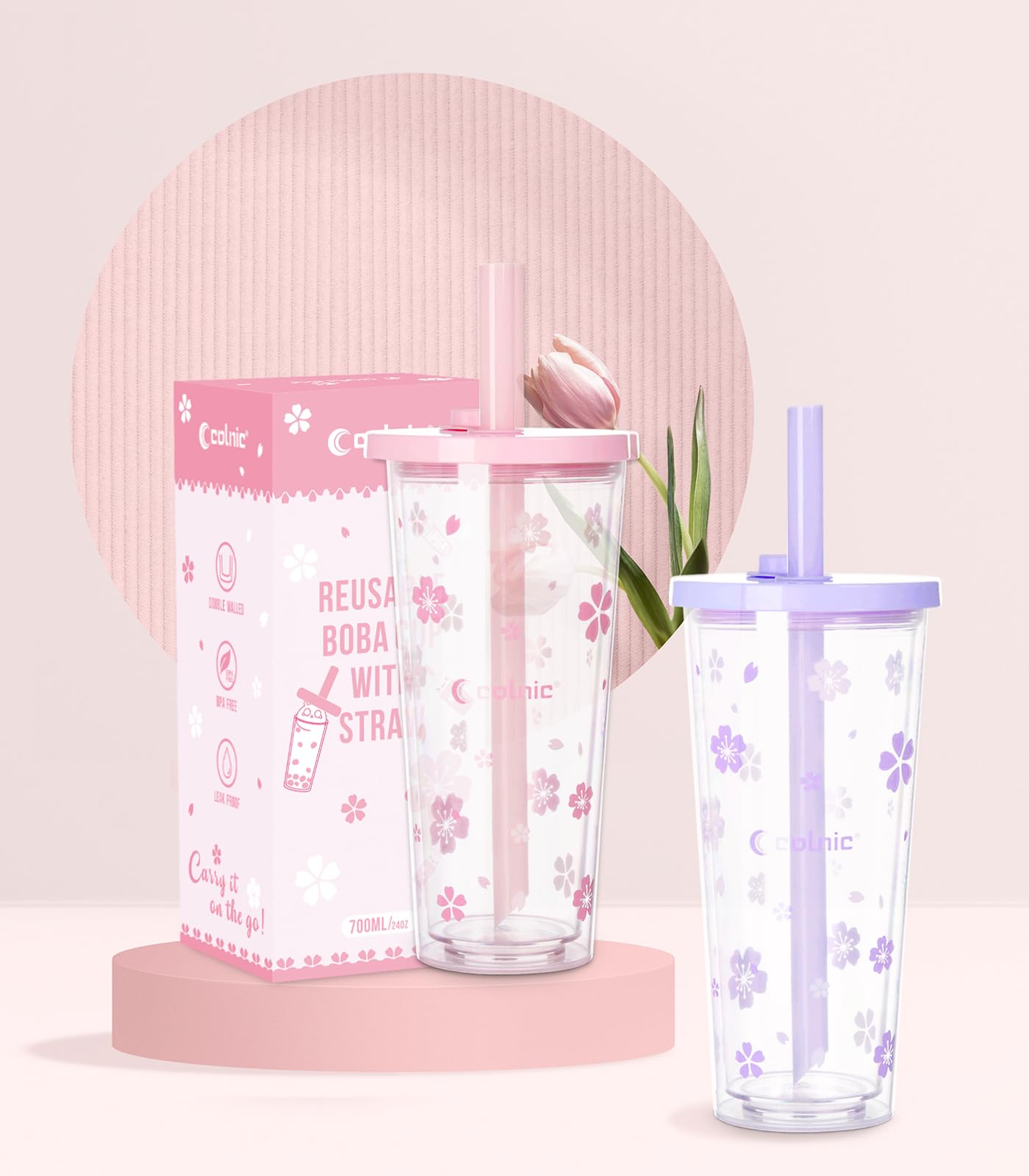 Colnic Reusable Boba Cup With Lids And Straws, 24Oz/700ml Smoothie /Iced Coffee Cup, Leakproof Kawaii Cup Tumbler With Boba Reusable Straw,Double Wall Clear Insulated Bubble Tea Cup