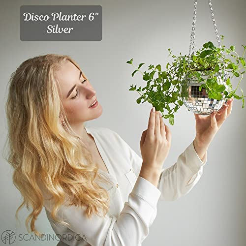 SCANDINORDICA Disco Ball Planter β Disco Ball Plant Hanger, Mirror Disco Planter with Chain and Macrame Hanger, Hanging Planters for Indoor Plants | 6 inch Silver