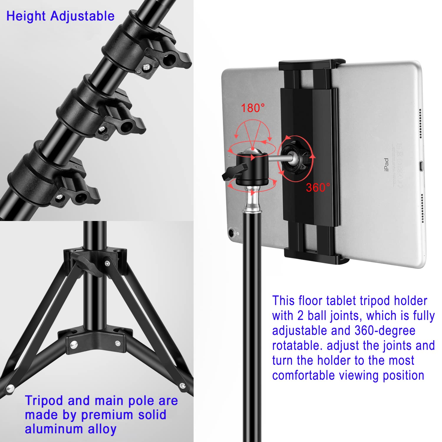 SAMHOUSING Tripod Floor Stand, with 65 inch Height Adjustable Stand Holder & 360° Rotating iPad Tripod Mount for iPad Pro, iPhone, Kindle, and All 4.5-12.9 Inch Tablets