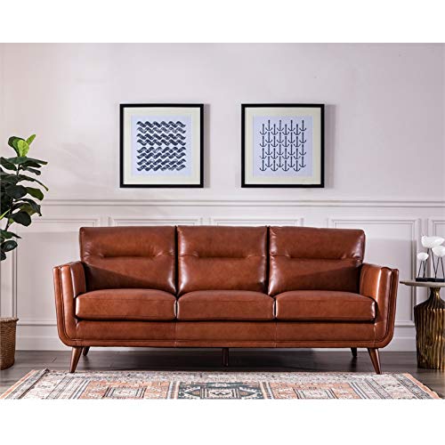 BOWERY HILL Mid Century Top Grain Leather Sofa, 3 Seater Modern Tufted Couch with Wood Legs for Living Room, Camel Brown