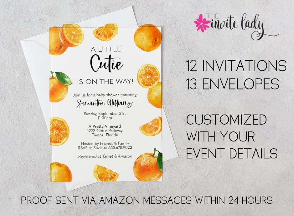Baby Shower Invitation Oranges Cuties Citrus Tangerine Tropical Lil Cutie Little Summer Unisex Sprinkle Customized and Printed Personalized Cards (12 Count)