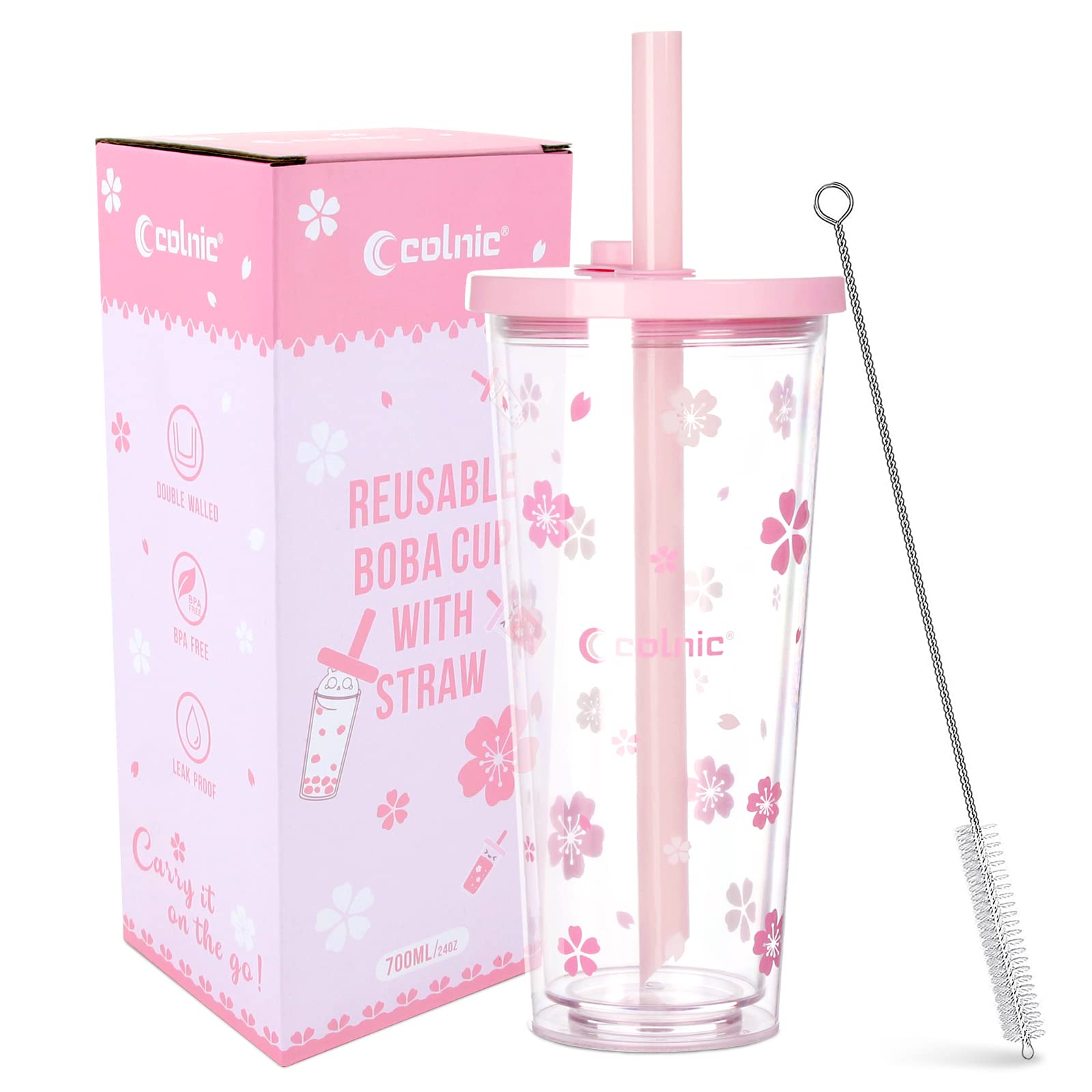 Colnic Reusable Boba Cup With Lids And Straws, 24Oz/700ml Smoothie /Iced Coffee Cup, Leakproof Kawaii Cup Tumbler With Boba Reusable Straw,Double Wall Clear Insulated Bubble Tea Cup