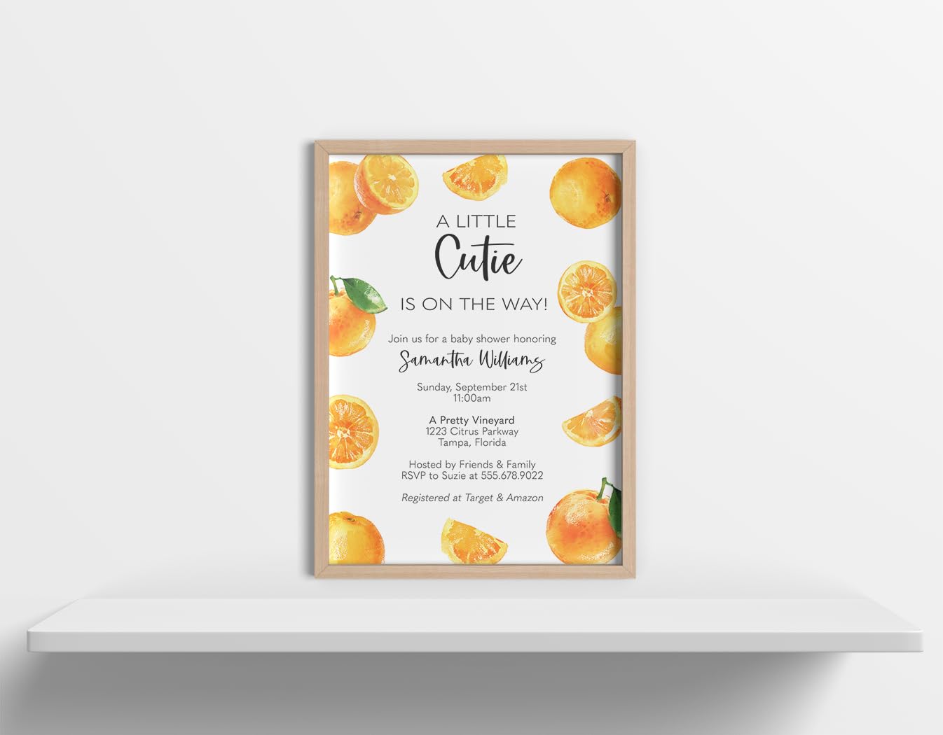 Baby Shower Invitation Oranges Cuties Citrus Tangerine Tropical Lil Cutie Little Summer Unisex Sprinkle Customized and Printed Personalized Cards (12 Count)