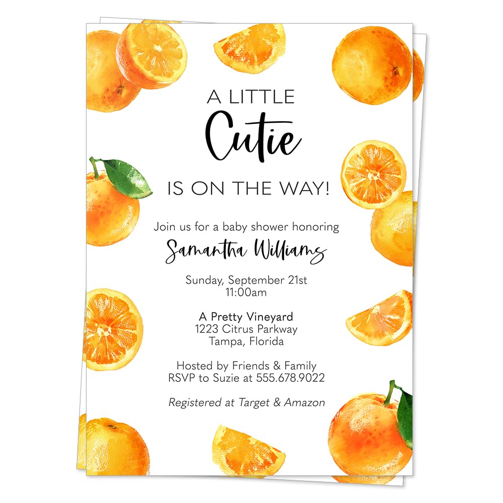 Baby Shower Invitation Oranges Cuties Citrus Tangerine Tropical Lil Cutie Little Summer Unisex Sprinkle Customized and Printed Personalized Cards (12 Count)