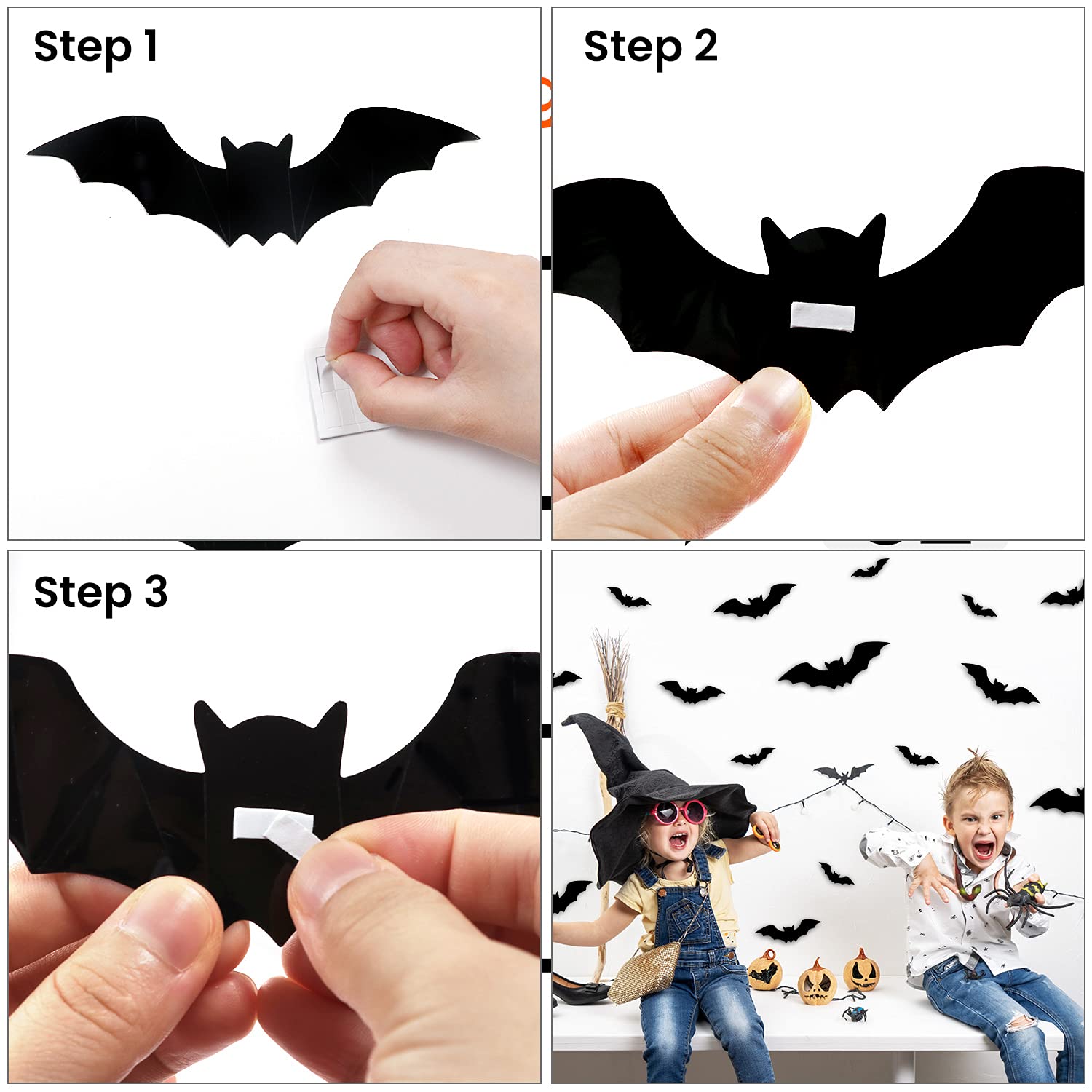 128PCS/4SIZE 3D Bats Sticker, Halloween Party Supplies Reusable Decorative Scary Wall Decal for Home Decor DIY Wall Decal Bathroom Indoor