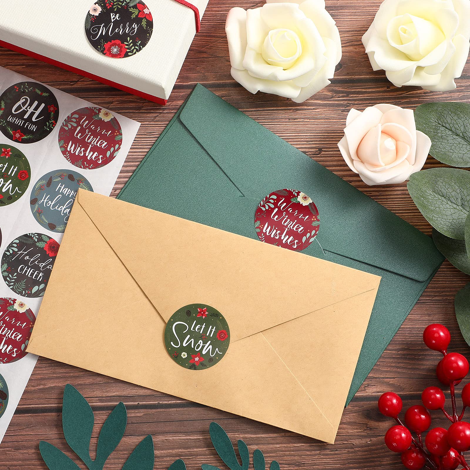 600 Pcs Christmas Envelopes Stickers Xmas Happy Holiday Stickers 2'' Round Holiday Gift Stickers Inspirational Positive Word Decals Seasonal Envelope Seals for Greeting Card (Joy)