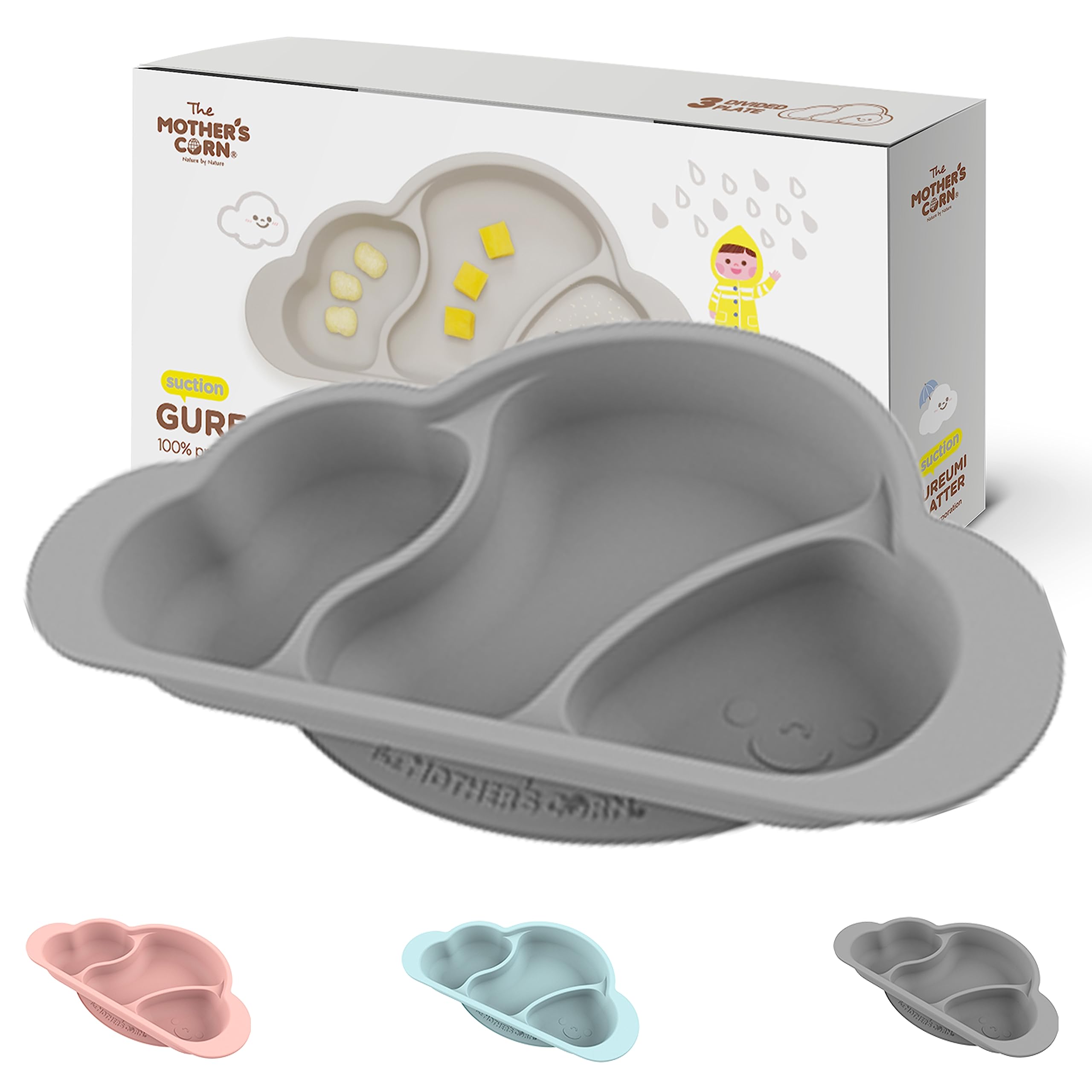 Mother's Corn Suction Plate for Baby | Divided Food-Grade 100% Silicone Feeding Bowls and Dishes for Kids, Infants & Toddlers - BPA-Free, Microwave, Dishwasher & Oven Safe | Cloud Design | Grey