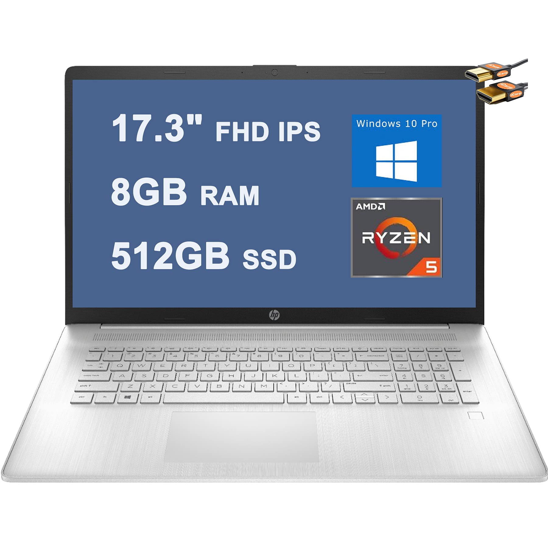 HP 17 Business Laptop Computer 17.3" FHD IPS Display AMD Hexa-Core Ryzen 5 5500U (Beats i7-1160G7) 8GB RAM 512GB SSD Fingerprint Reader USB-C Office365 Win10 Pro Silver + HDMI Cable