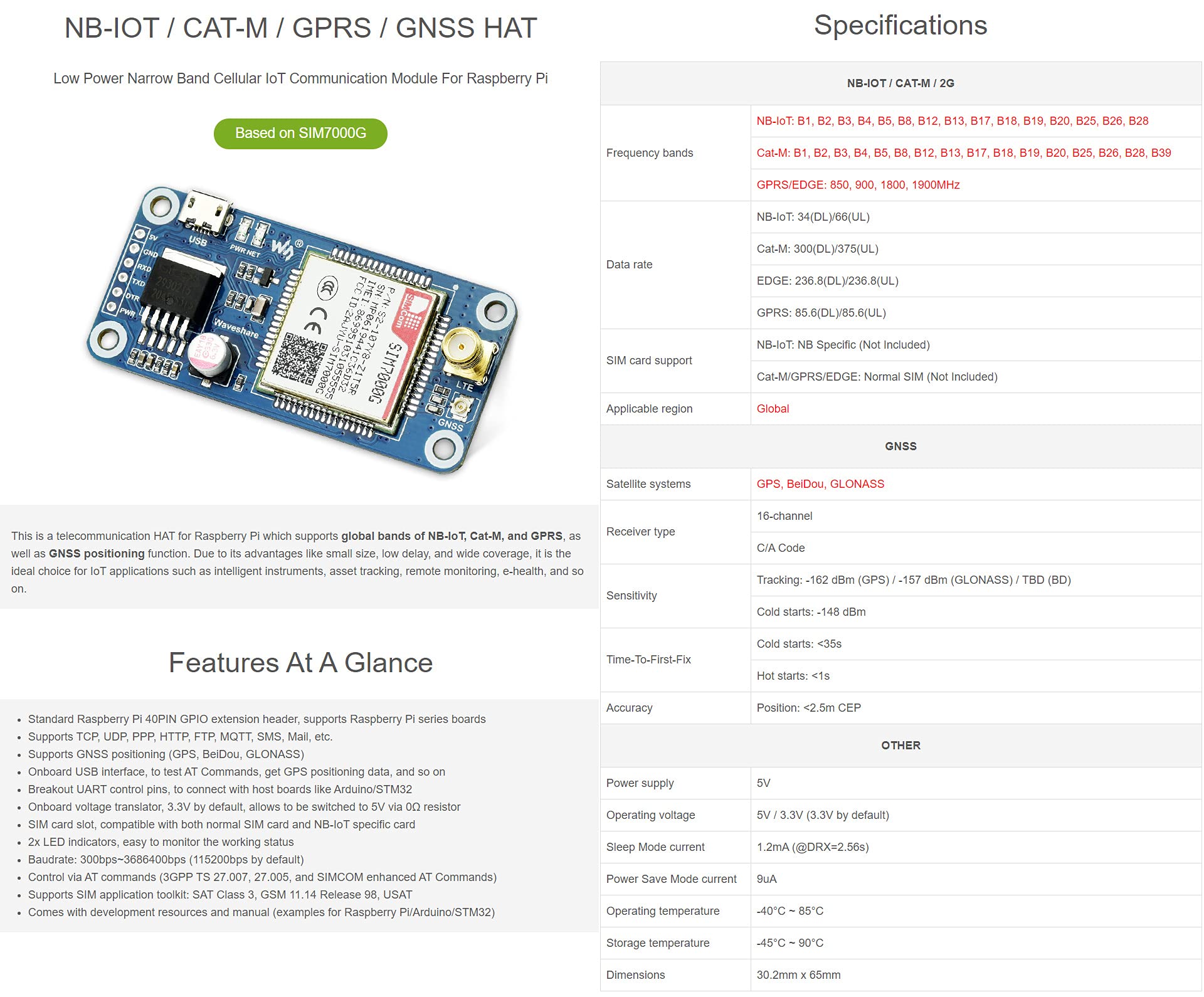 Waveshare SIM7000G NB-IoT/Cat-M/Edge/GPRS HAT, Compatible with Raspberry Pi 5/4B/3B/Zero/Zero W/Zero 2W/Pico/Pico W/Pico WH, GNSS Positioning, Global Band Support