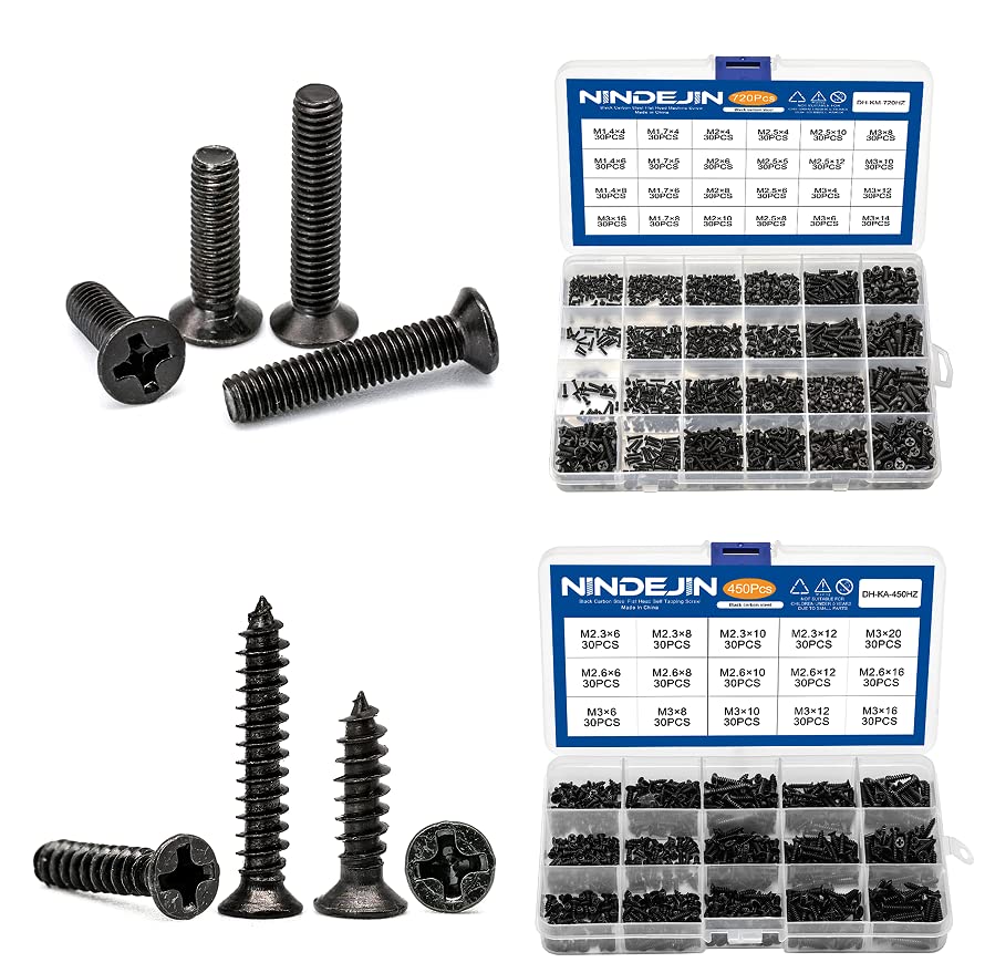 NINDEJIN Phillips Flat Head Mini Screws Set M1.4/1.7/2/ 2.5/3 Computer Laptop Notebook Screws Kit + M2.3/ M2.6/ M3 Tapping Screws Assortment Kit (720pcs Laptop Screws + 450pcs Tapping Screws)