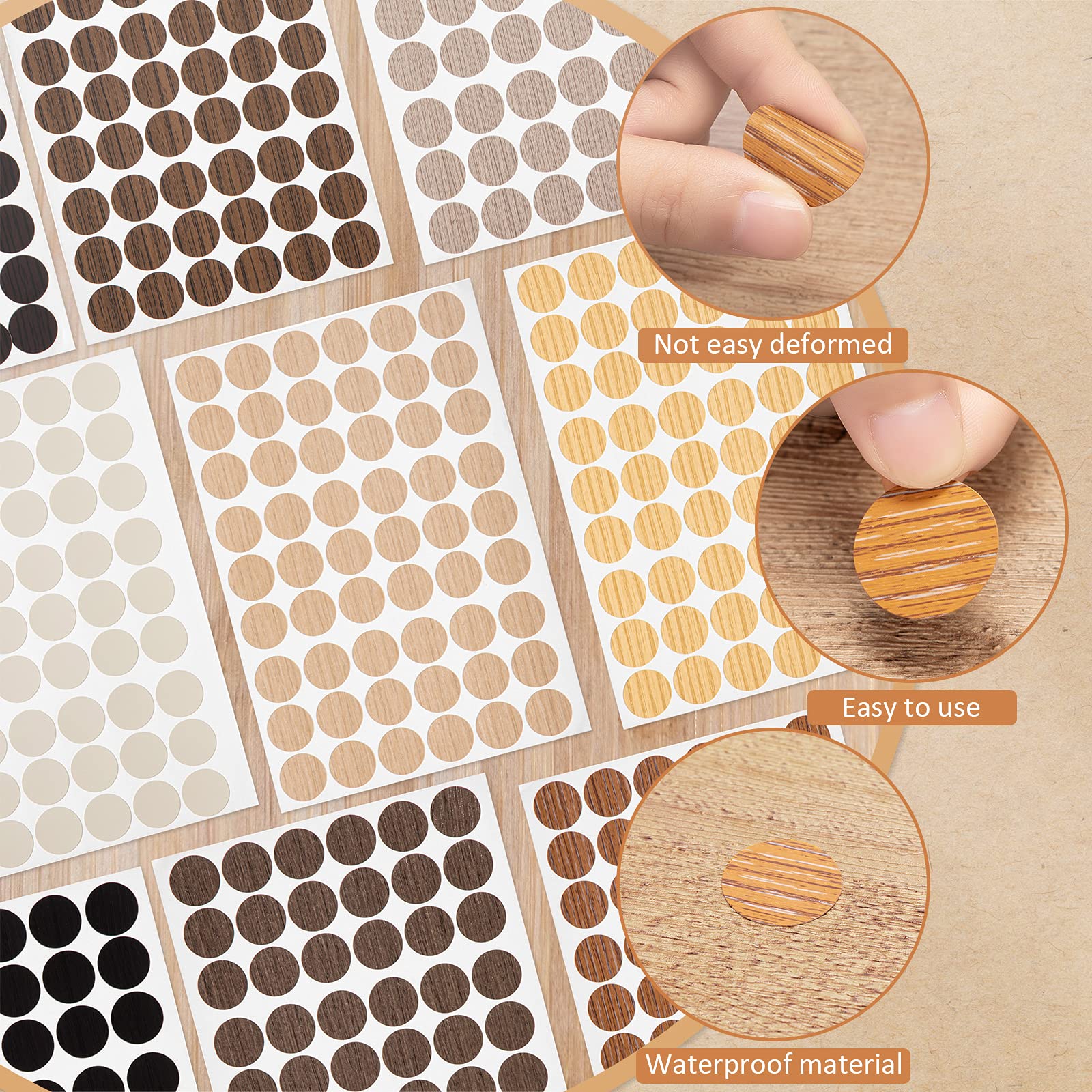 864 Pieces Screw Covers Wood Stickers for Furniture, 0.83 Inch Screw Hole Stickers Waterproof PVC Cover Caps Adhesive Wood Grain Stickers for Screw Holes Wall Cabinets Bookcase Desk (Basic Color)