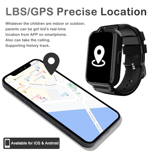 4G Smart Watch for Kids - Kids Smart Watch with GPS Tracker & Video Calling Kids Cell Phone Watch for Boys Aged 5-12 SIM Card SOS Call Voice Chat Camera Touch Screen GPS Tracker for Kids(Black)