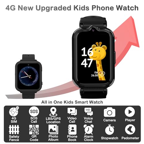4G Smart Watch for Kids - Kids Smart Watch with GPS Tracker & Video Calling Kids Cell Phone Watch for Boys Aged 5-12 SIM Card SOS Call Voice Chat Camera Touch Screen GPS Tracker for Kids(Black)