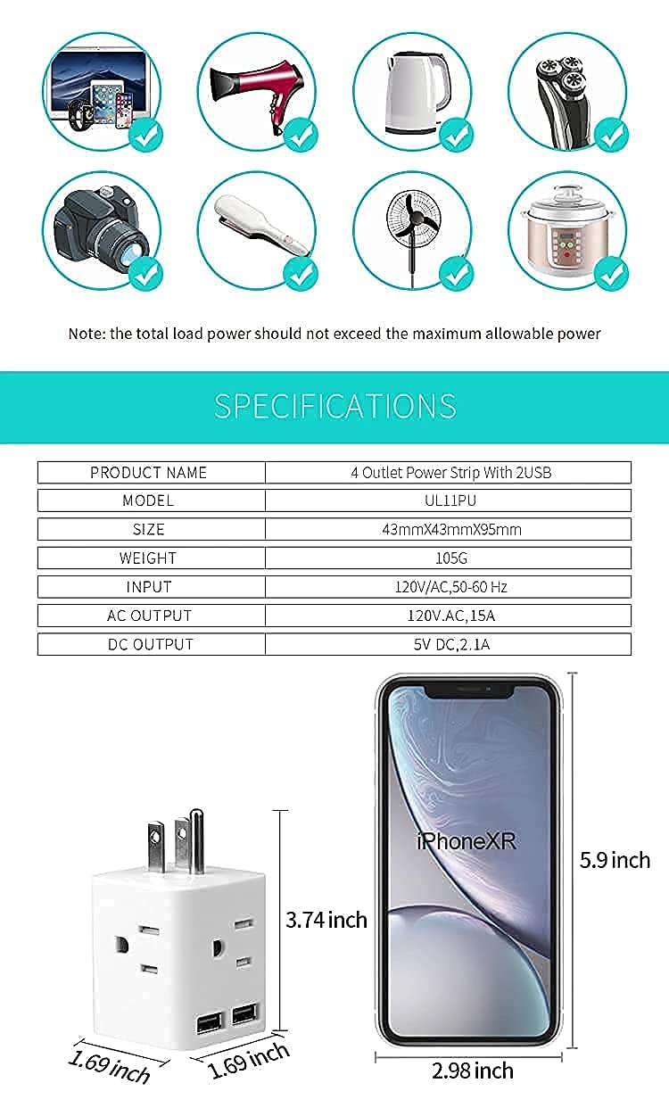 2 PCS Multi Plug Outlet Extender,Plug Adapter,Wonplug Multiple Plug Outlets with 4 AC Electrical Sockets,3 Prong to 2 Prong Adapter USA Portable Design for Home Office Hotel Travel,White