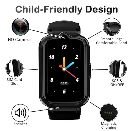 4G Smart Watch for Kids - Kids Smart Watch with GPS Tracker & Video Calling Kids Cell Phone Watch for Boys Aged 5-12 SIM Card SOS Call Voice Chat Camera Touch Screen GPS Tracker for Kids(Black)