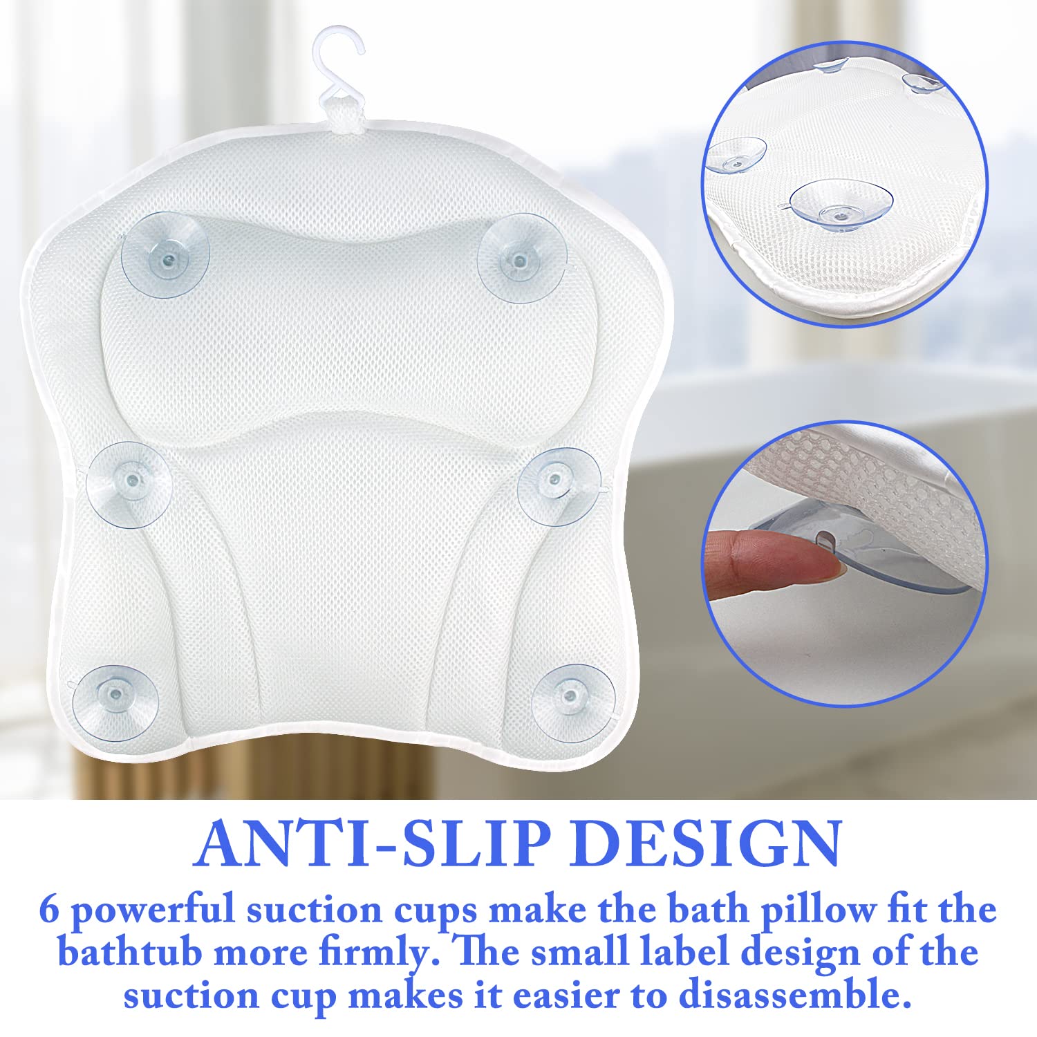 CAYCOIN Bath Pillow for Tub Comfort Bathtub Pillow, Ergonomic Bath Pillows for Tub Neck and Back Support with 6 Suction Cups, Ultra-Soft 4D Air Mesh Design SPA Tub Bath Pillow