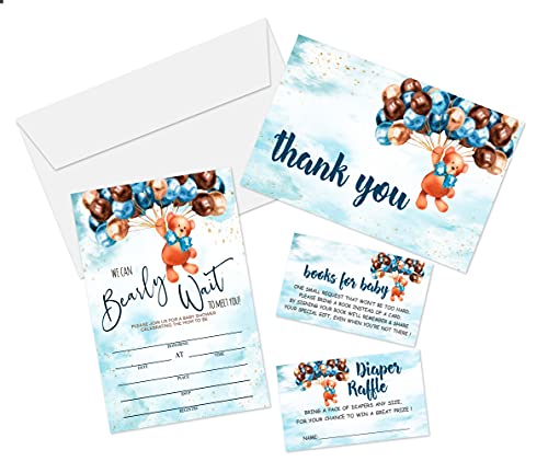Baby Shower Invitation Set, Fill In Invites Cards, Books For Baby, Diaper Raffle, Thank You,Beasty Wait, Each Design 25 Cards & Envelopes (Total 100 Cards) – (bb009-taozhuang)