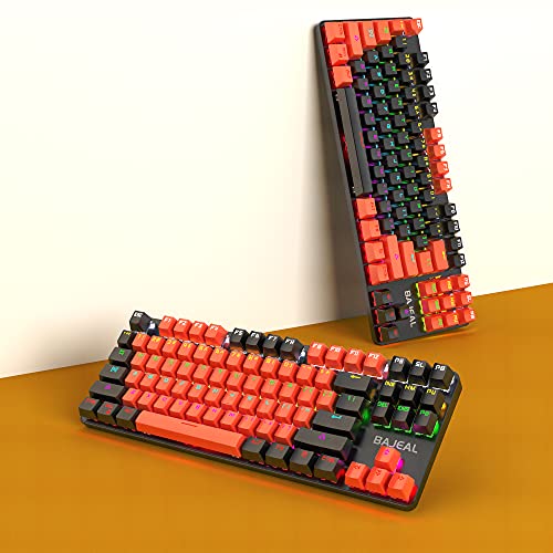 BAJEAL Wired Mechanical Keyboard RGB Backlit Teclado Hot Swappable with Blue Switches for Gaming PC Compact 87 Keys 80% (Black and Orange)