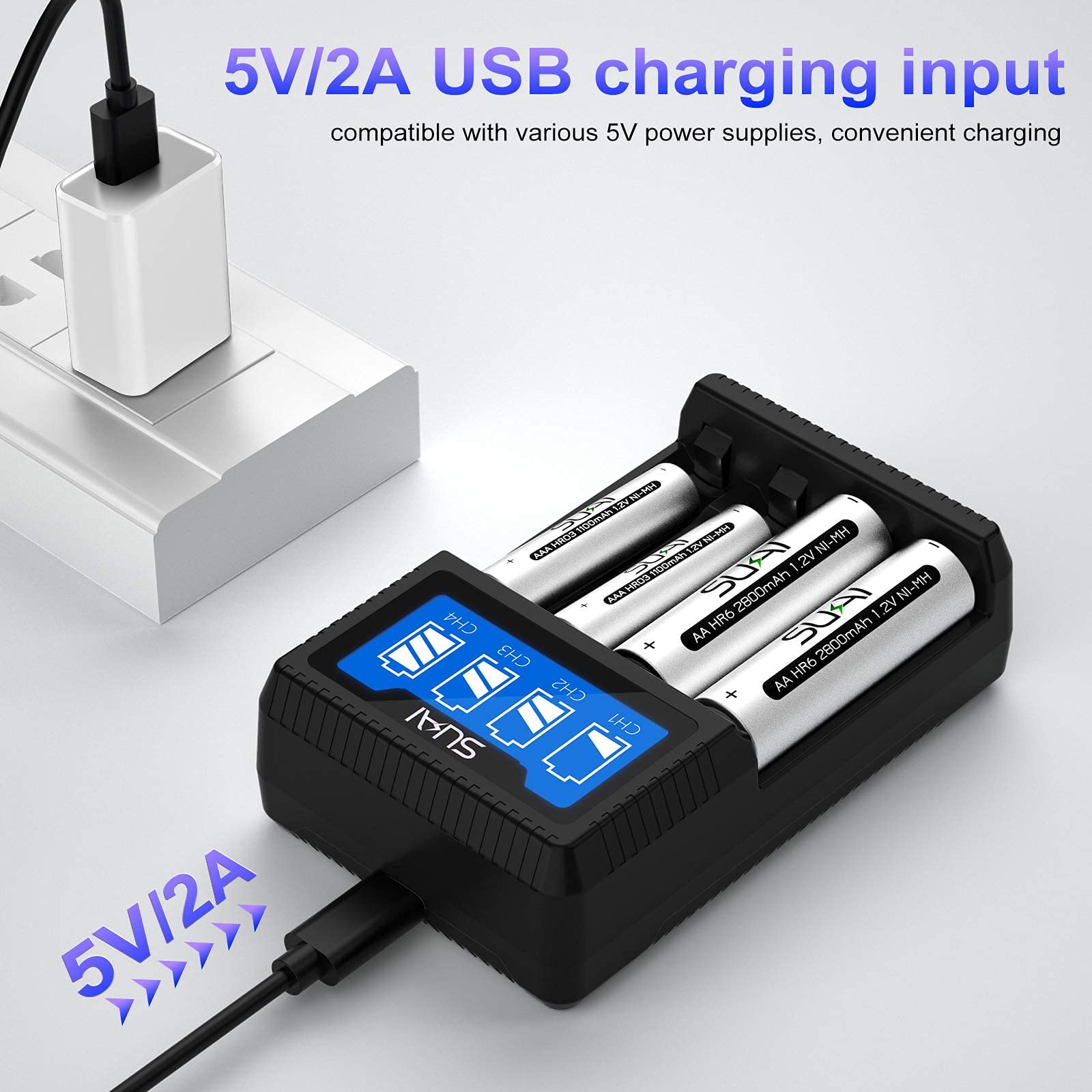 SUKAI AA Rechargeable Batteries 16 Pack, 1.2V 2800mAh AA Batteries with Battery Charger for AA AAA Batteries