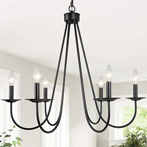 LALUZ Black Chandelier, 6-Light Farmhouse Chandelier for Dining Rooms, Bedroom, Living Room, 28’’ W x 24.5’’ H