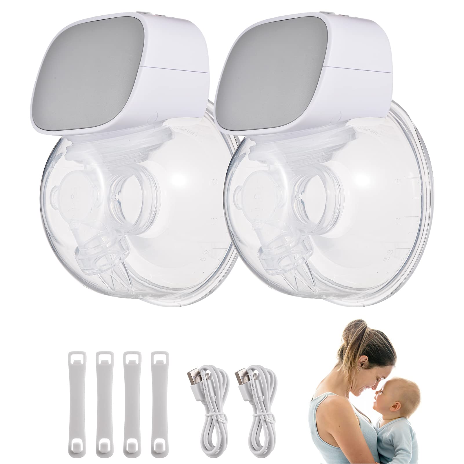 Putybudy S9 Double Wearable Electric Breast Pump, Low Noise/Invisible/Painless Hands Free, 2 Modes & 5 Levels Suction Adjustable & 180ml Collector, Portable for Mom Breastfeeding Anytime, 24MM/Gray