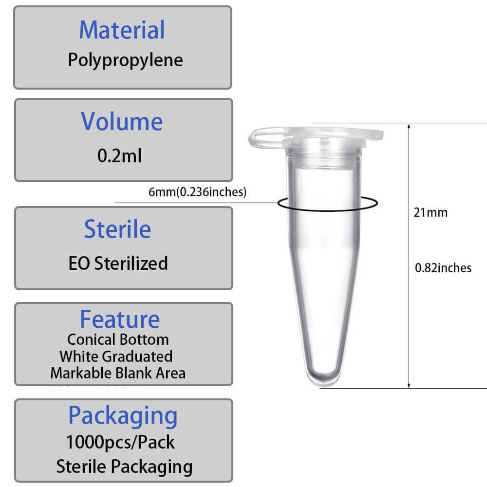 BKMAMLAB 0.2ml Microcentrifuge Tubes 1000 Pieces, EO Sterilized Plastic Small Vials with Caps for Sample Storage without Leakage(1000)