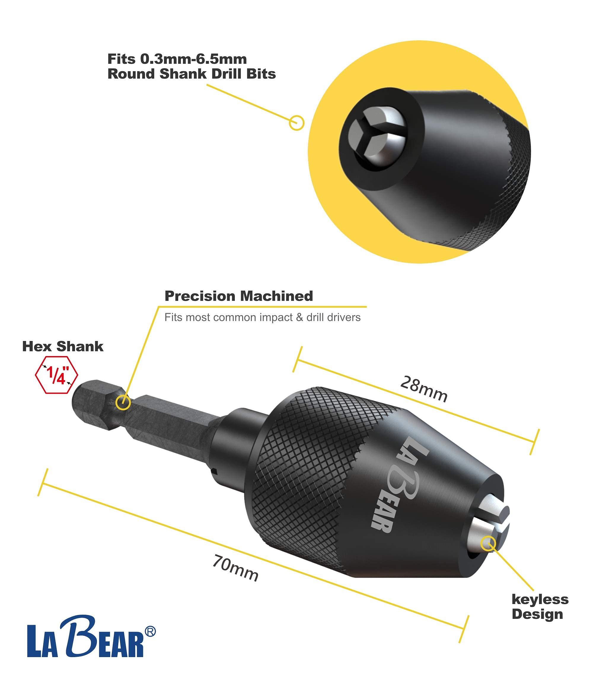 LaBear Drill Chuck Adapter 1/4" Hex Shank to Hold 0.3-6.5mm & LaBear 51-Piece Security Bit Set