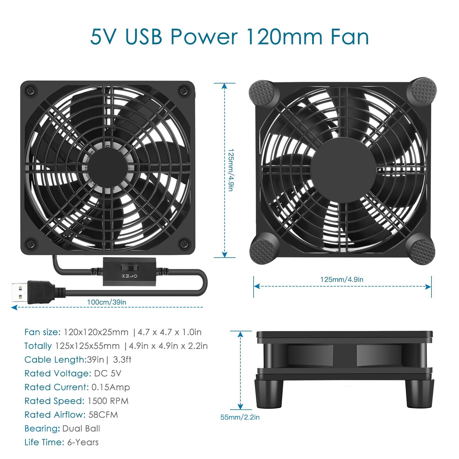 Qirssyn USB Computer Fan Quiet, 5V Powered Fan with Speed Controller for Router Modem Receiver DVR Xbox TV Box Cooling