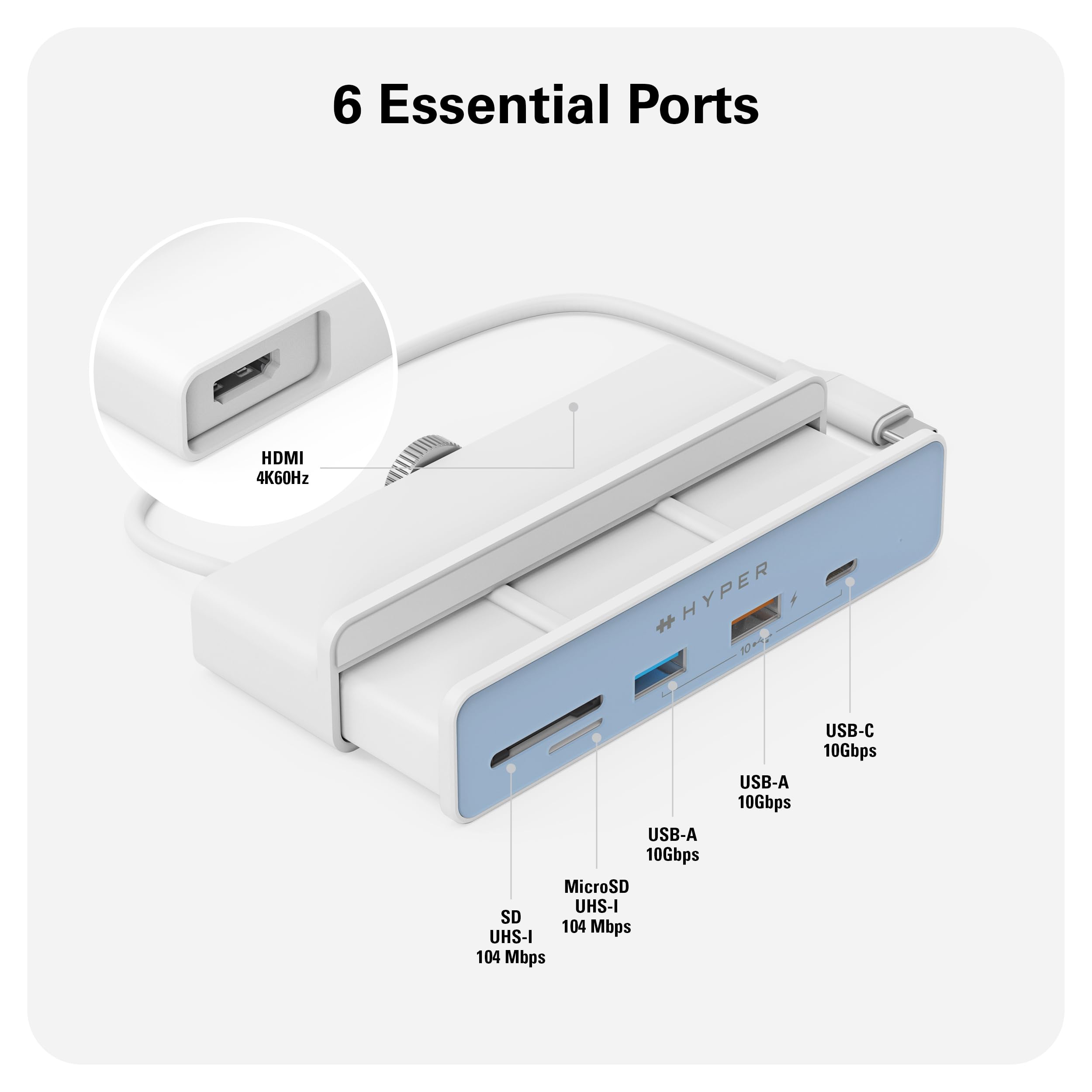 HyperDrive iMac USB Hub Adapter, 6in1 iMac Accessories: HDMI 4K60Hz, USB-C 10Gbps, 2 USB-A 10Gbps, SD UHS-I, MicroSD UHS-I for iMac 2021 24 inch