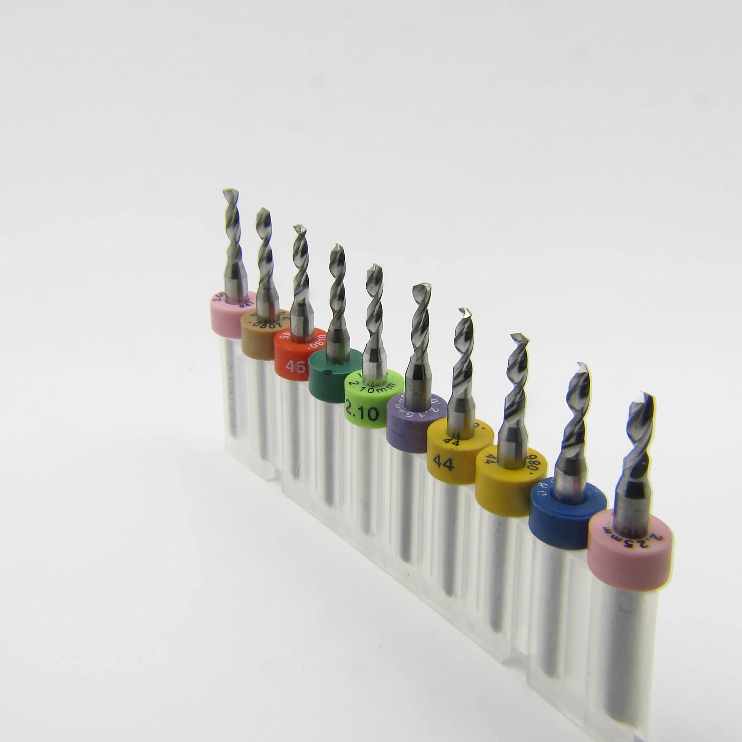 Ten Size Solid Carbide Drill Bit Set 2.00mm - 2.25mm Includes: .0787"/#47/2.00mm .0807"/2.05mm .081"/#46 .082"/#45 .0827"/2.10mm .0846"/2.15mm .086"/#44 .0866"/2.20mm .0886"/2.25mm .089"/#43 1/8" Shanks