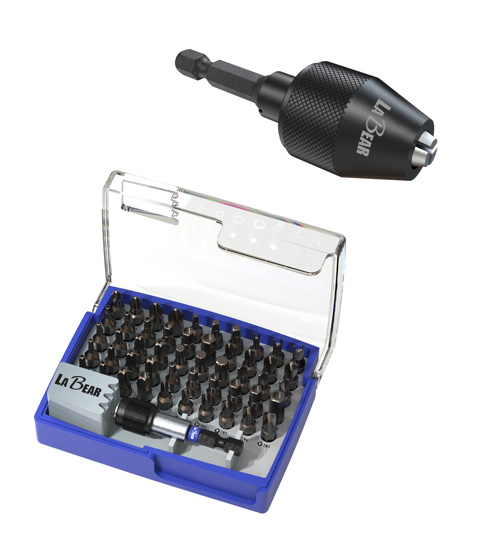 LaBear Drill Chuck Adapter 1/4" Hex Shank to Hold 0.3-6.5mm & LaBear 51-Piece Security Bit Set