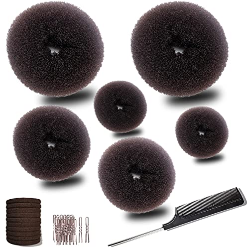 MeetFavorite Hair Bun Shaper Set - 2 Large, 2 Medium, 2 Small Donut Hair Bun Makers, 10 Elastic Bands, Hair Pins (Brown)