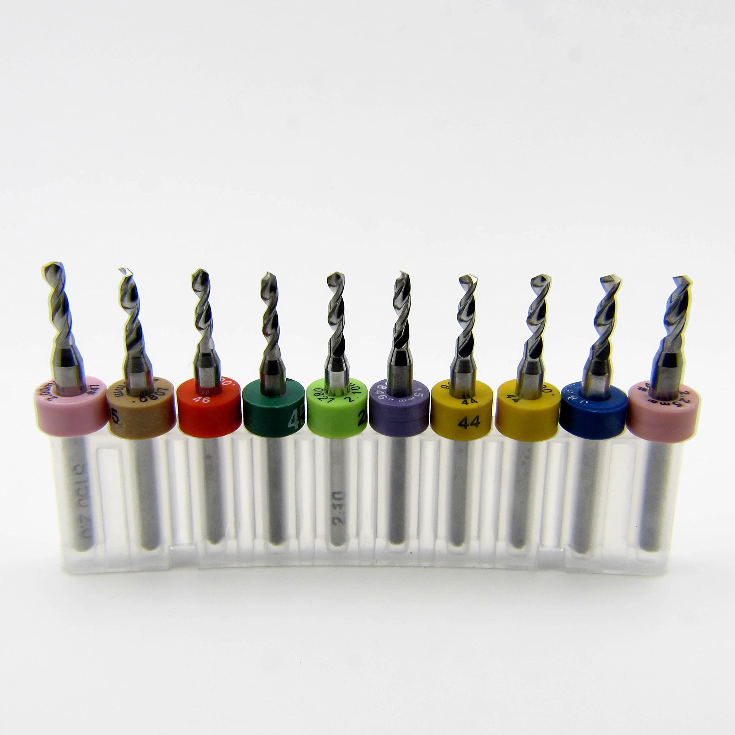 Ten Size Solid Carbide Drill Bit Set 2.00mm - 2.25mm Includes: .0787"/#47/2.00mm .0807"/2.05mm .081"/#46 .082"/#45 .0827"/2.10mm .0846"/2.15mm .086"/#44 .0866"/2.20mm .0886"/2.25mm .089"/#43 1/8" Shanks