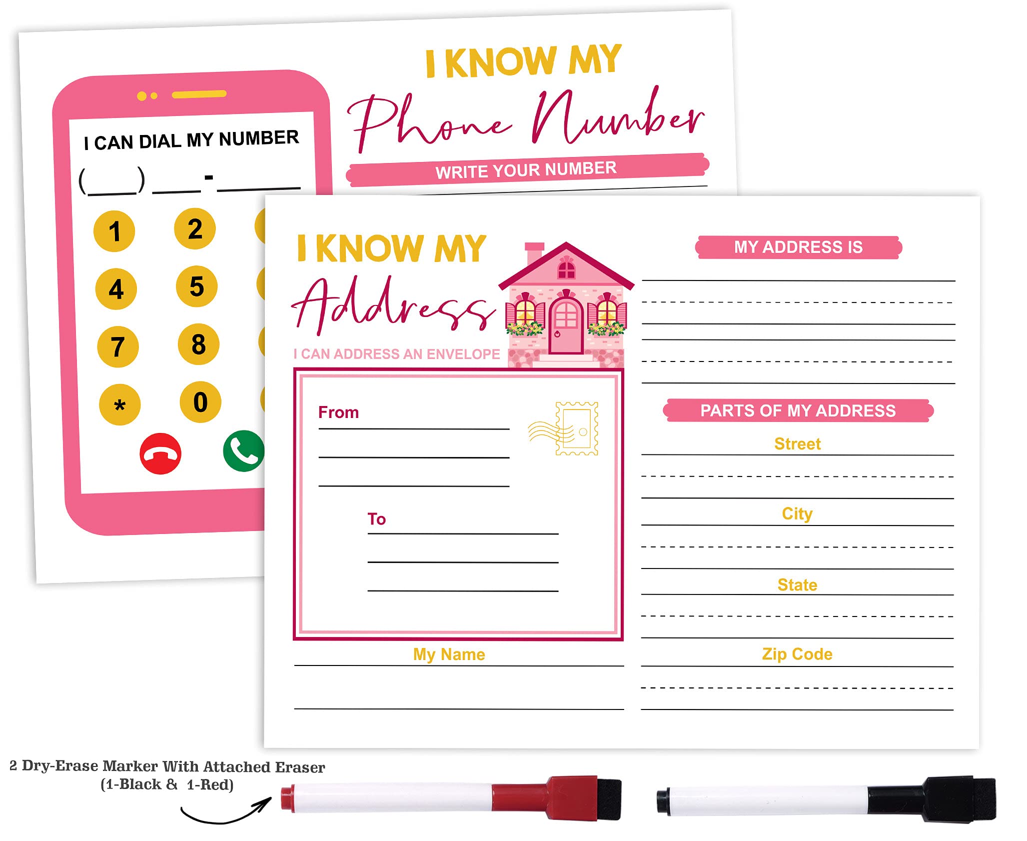 Inkdotpot Dry Erase Practice Worksheet I Know My Address, I Know My Phone Number - Preschool, Kindergarten Laminated Worksheet, Homeschool Activities for Kids with 2 Dry Erase Markers