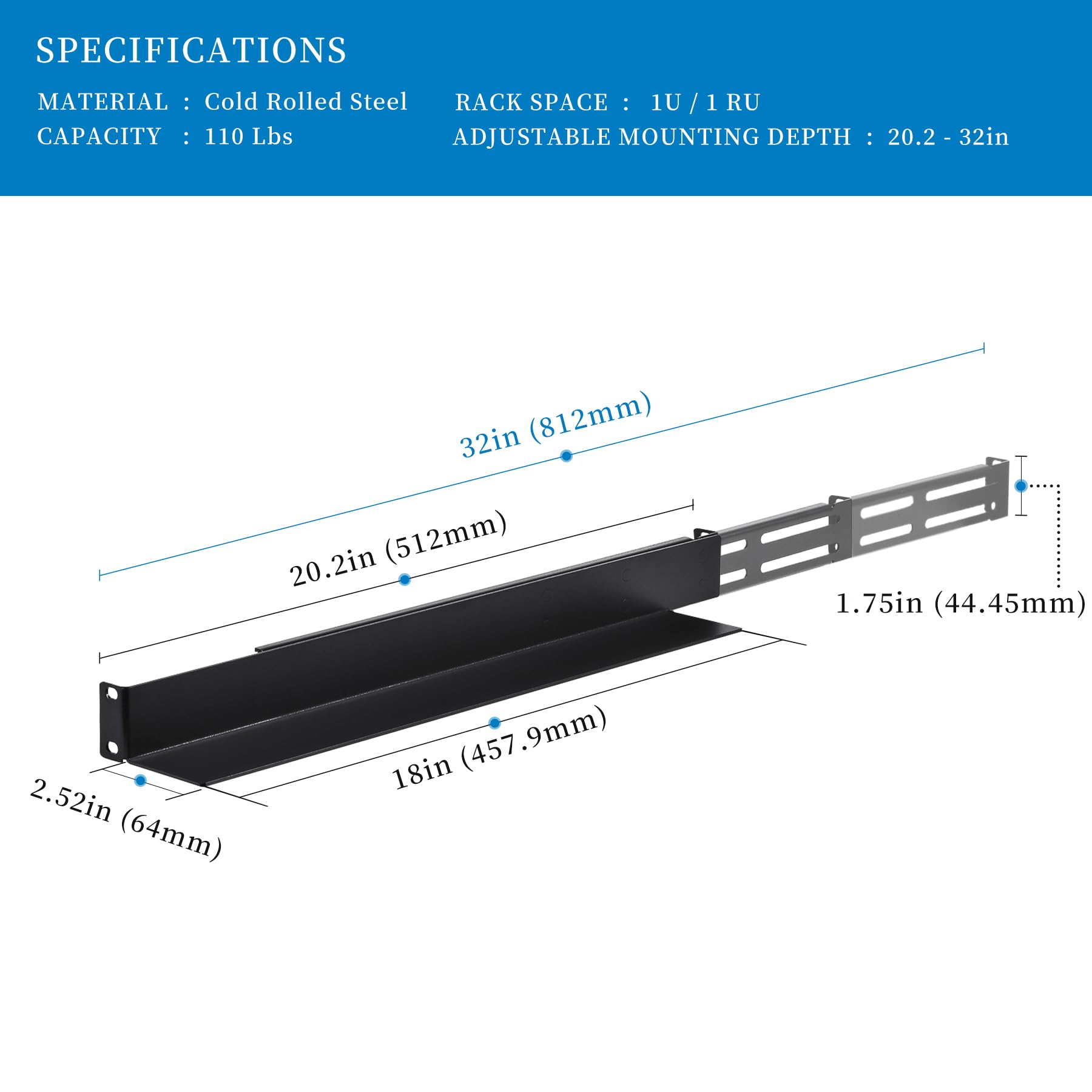 RackPath 1U 4-Post Server Rack Rail, 20.2-32 Inch Adjustable Depth - 110lbs Capacity