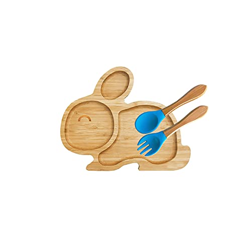 Rabbit Bamboo Suction Plate Bamboo Toddler Plates and Spoon Fork for Kids Self Feeding (blue)