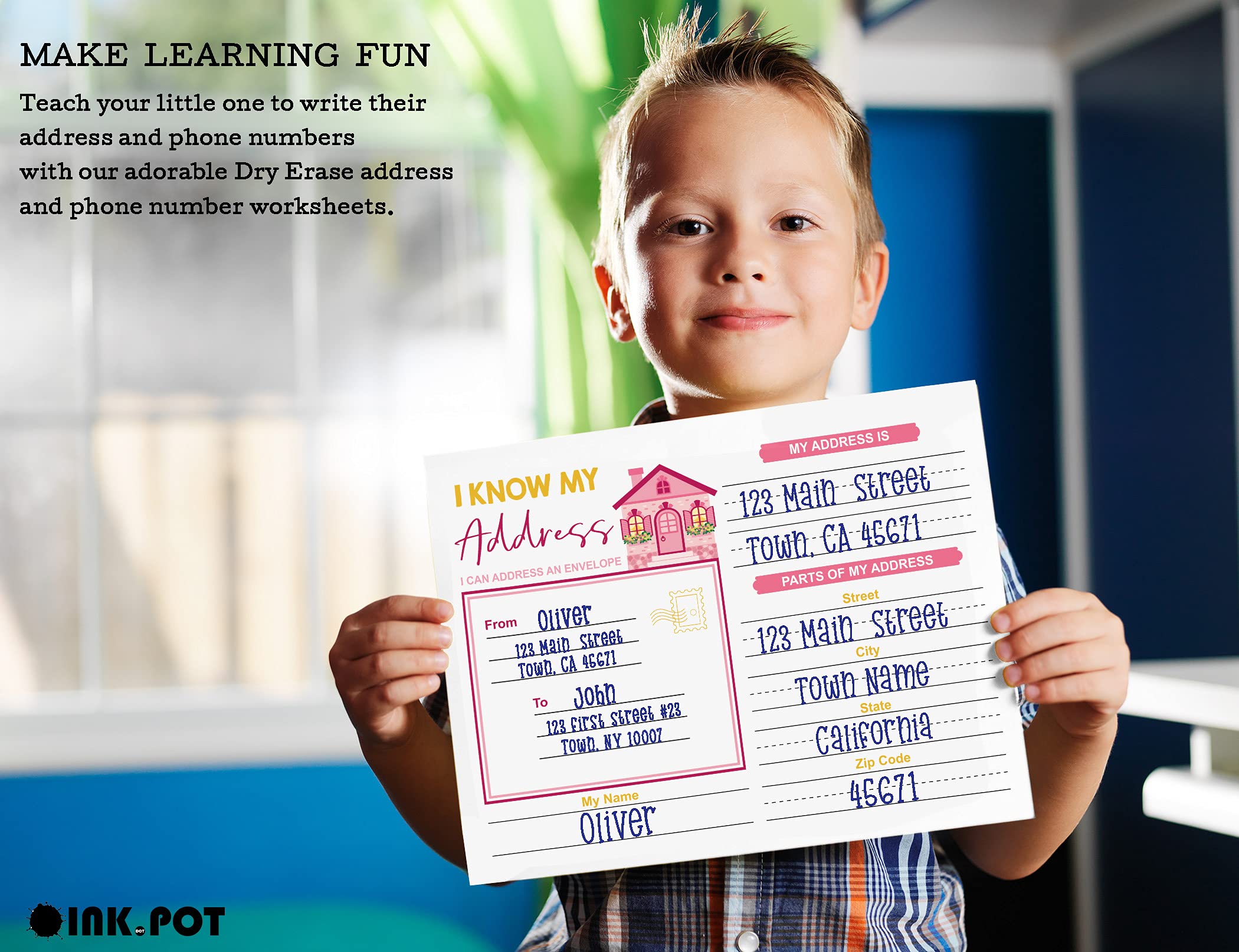 Inkdotpot Dry Erase Practice Worksheet I Know My Address, I Know My Phone Number - Preschool, Kindergarten Laminated Worksheet, Homeschool Activities for Kids with 2 Dry Erase Markers