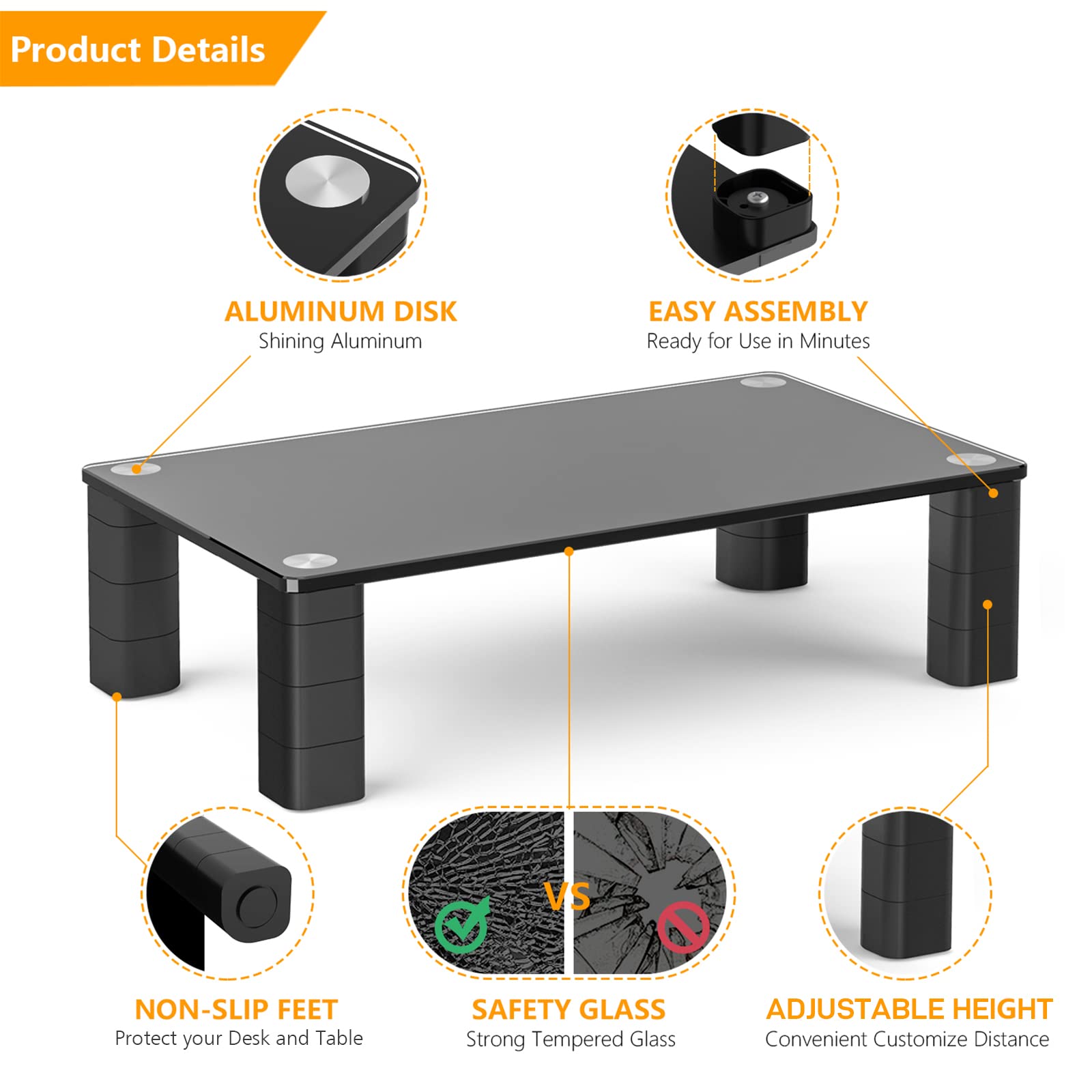 5Rcom Dual Computer Monitor Stand Riser, 2 Pack Height Adjustable Monitor Stand with Tempered Glass, Stackable Desktop Monitor Risers for 2 Monitors, PC, Under Monitor Desk Organizer, Black