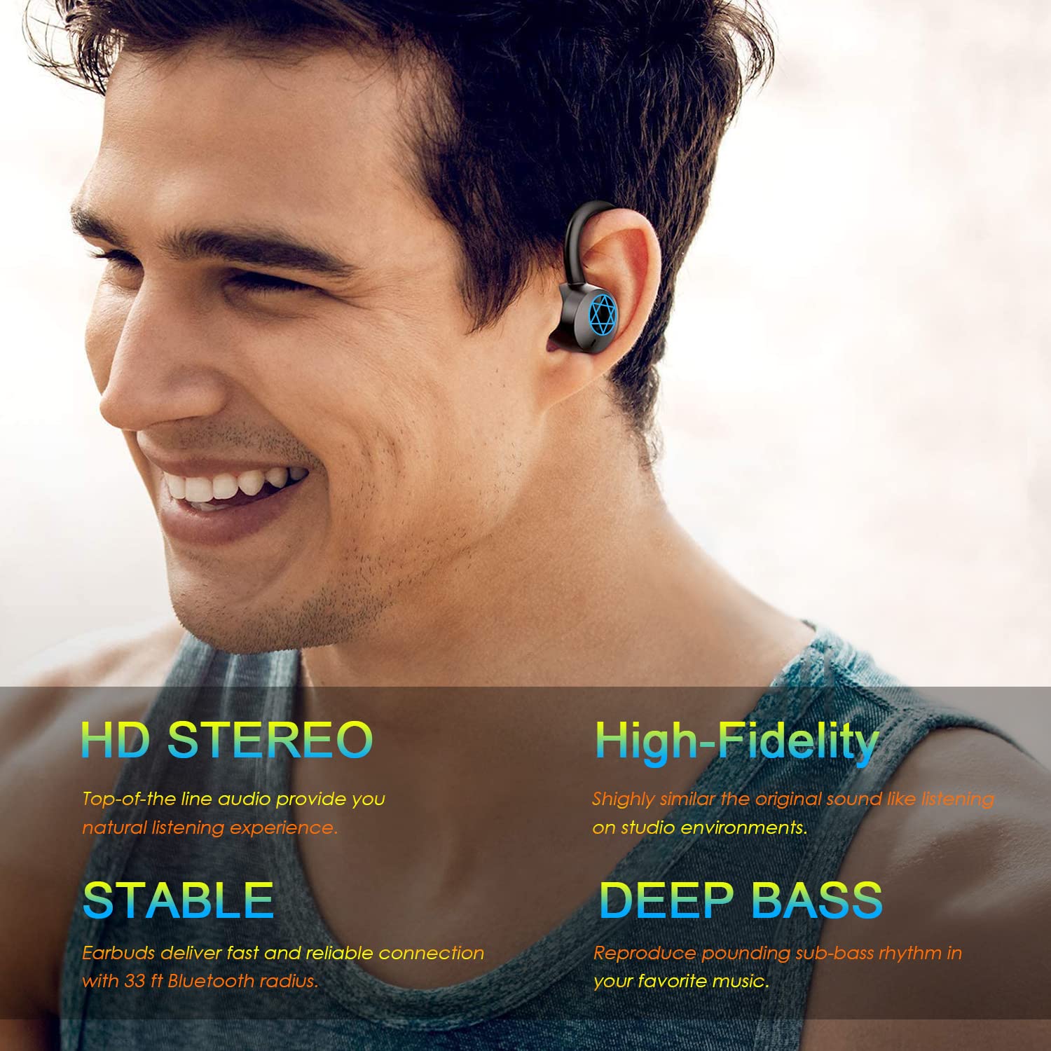 Wireless Earbuds, Bluetooth Sport Earphone with Earhook, Ear Buds Built-in Microphone, Perfect Sound Long Distance Connection Stereo Sound Noise Cancelling Headsets for Workout, Running, Gym