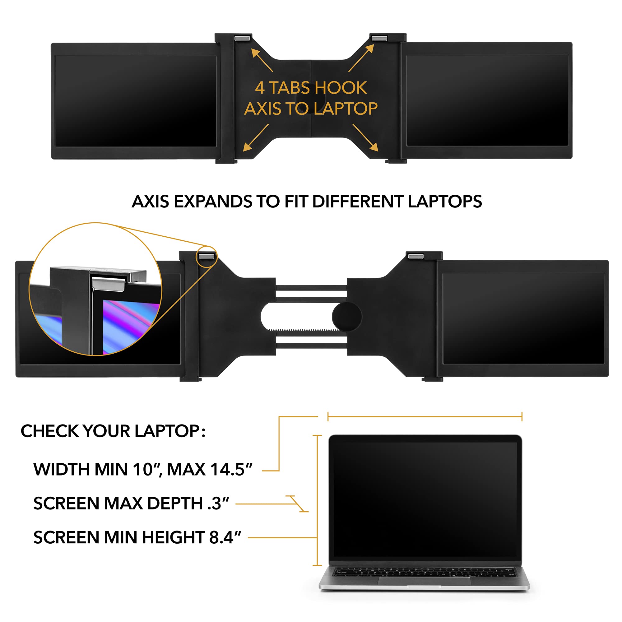 SideTrak Axis Triple Portable Monitor for Laptop | Attachable 11.9” FHD IPS Three Screen Laptop | Compatible with Mac, PC, & Chrome | Powered by USB or HDMI