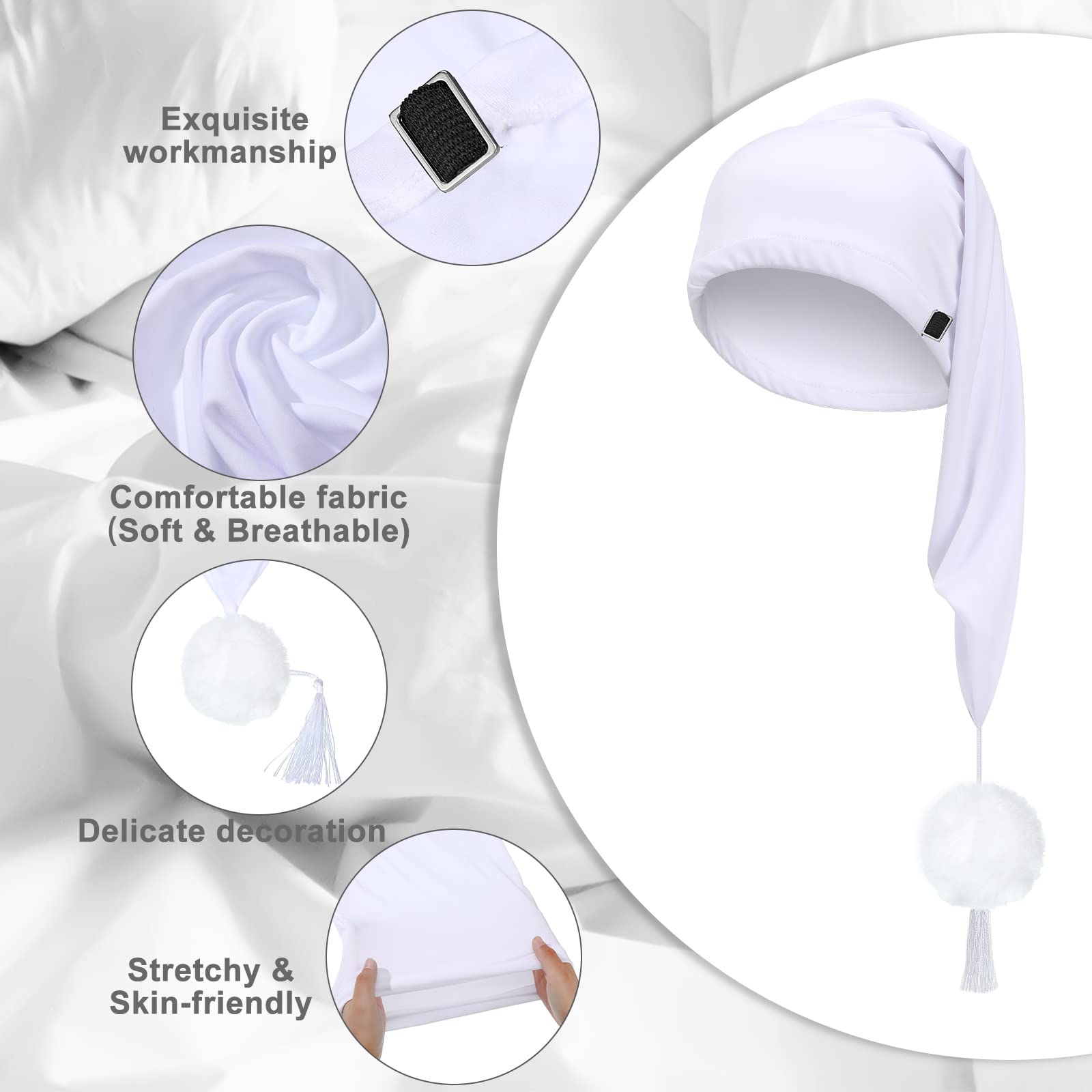Geyoga 2 Pcs Men Silk Night Sleeping Cap Adjustable Drawstring Night Sleeping Cap with Pom Ball for Daily Use(White,Milk Fiber)